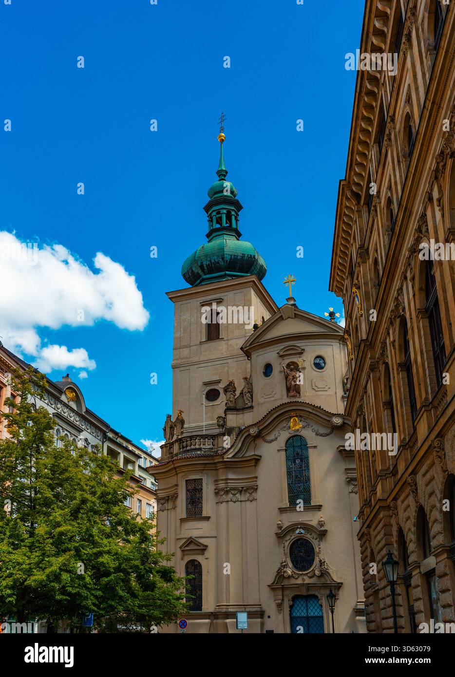 Ancient Saint Gall Church tower among Prague city buildings Stock Photo ...