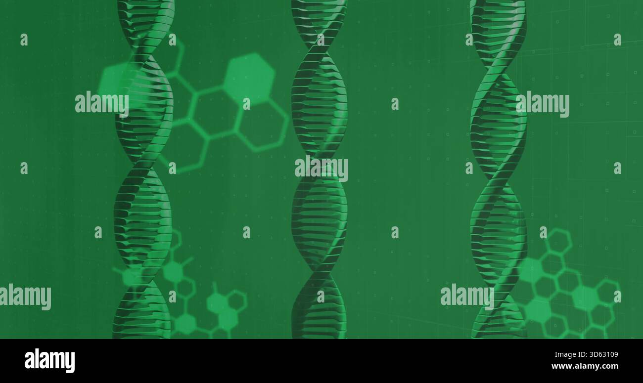 Displaying three vertical DNA helices floating in abstract lab ...