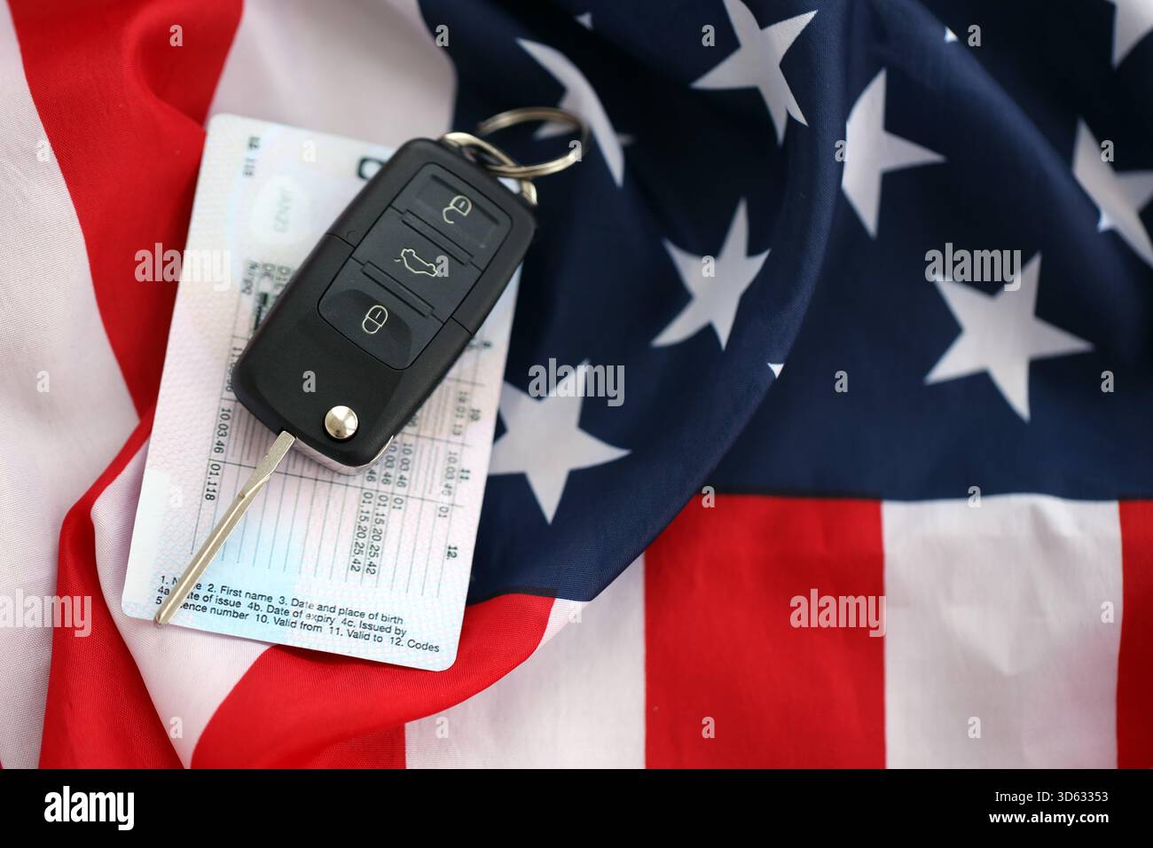 Ignition keys with remote control buttons and driver license card on ...