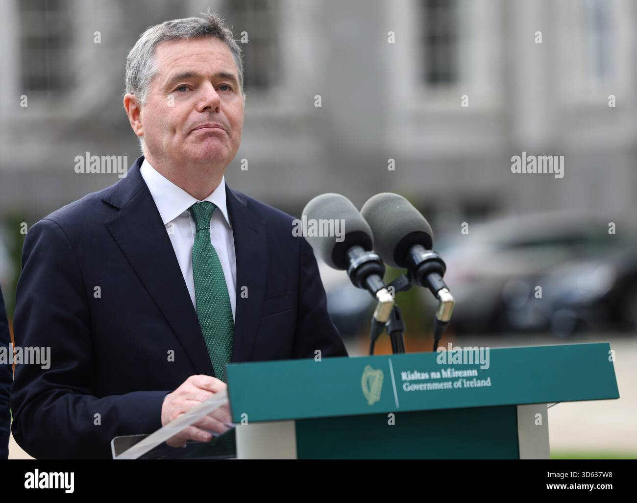 Paschal Donohoe speaking at a press conference at Leinster House in ...