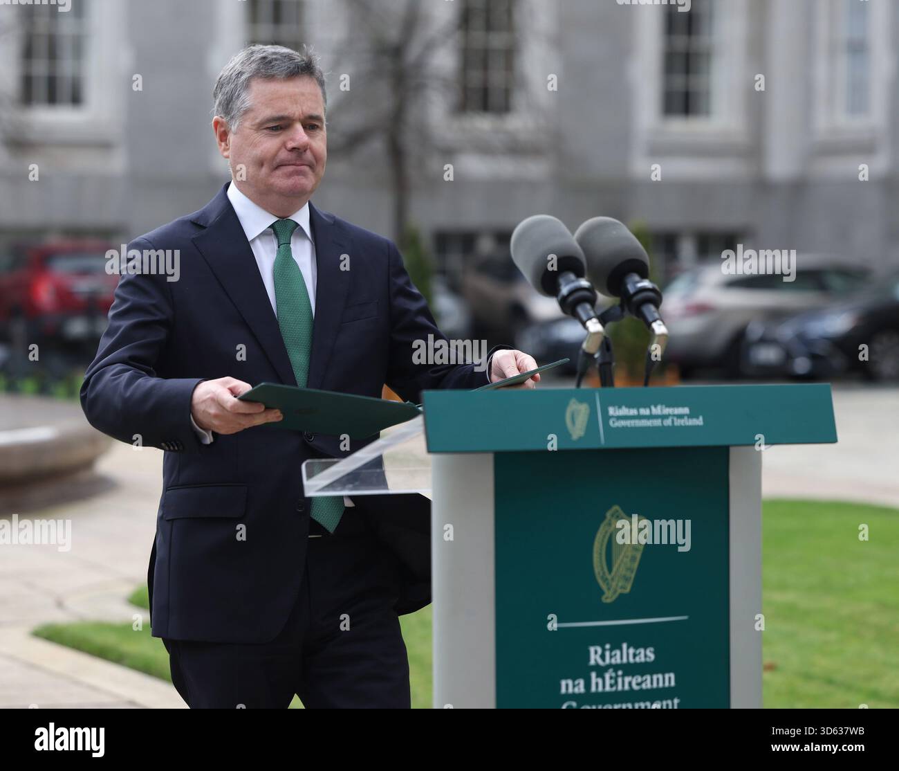 Paschal Donohoe speaking at a press conference at Leinster House in ...