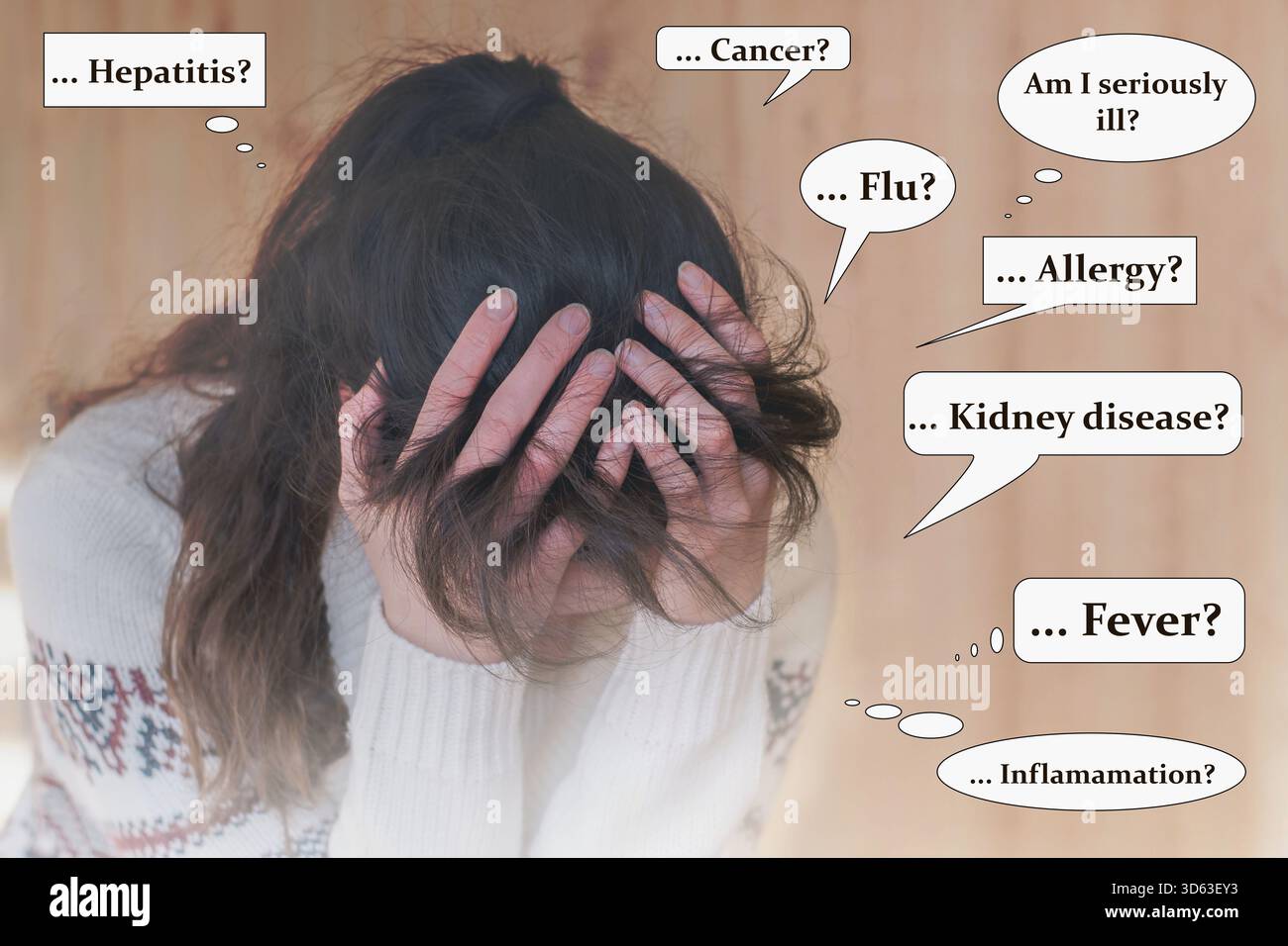 Portrait of young woman suffering from hypochondria (Illness anxiety ...
