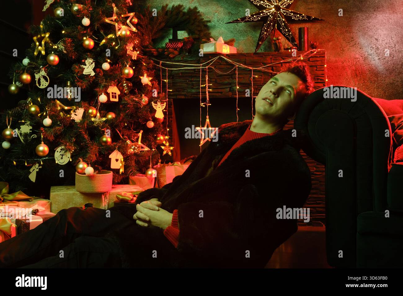 Relaxing evening featuring Christmas decor and nostalgic warmth Stock ...