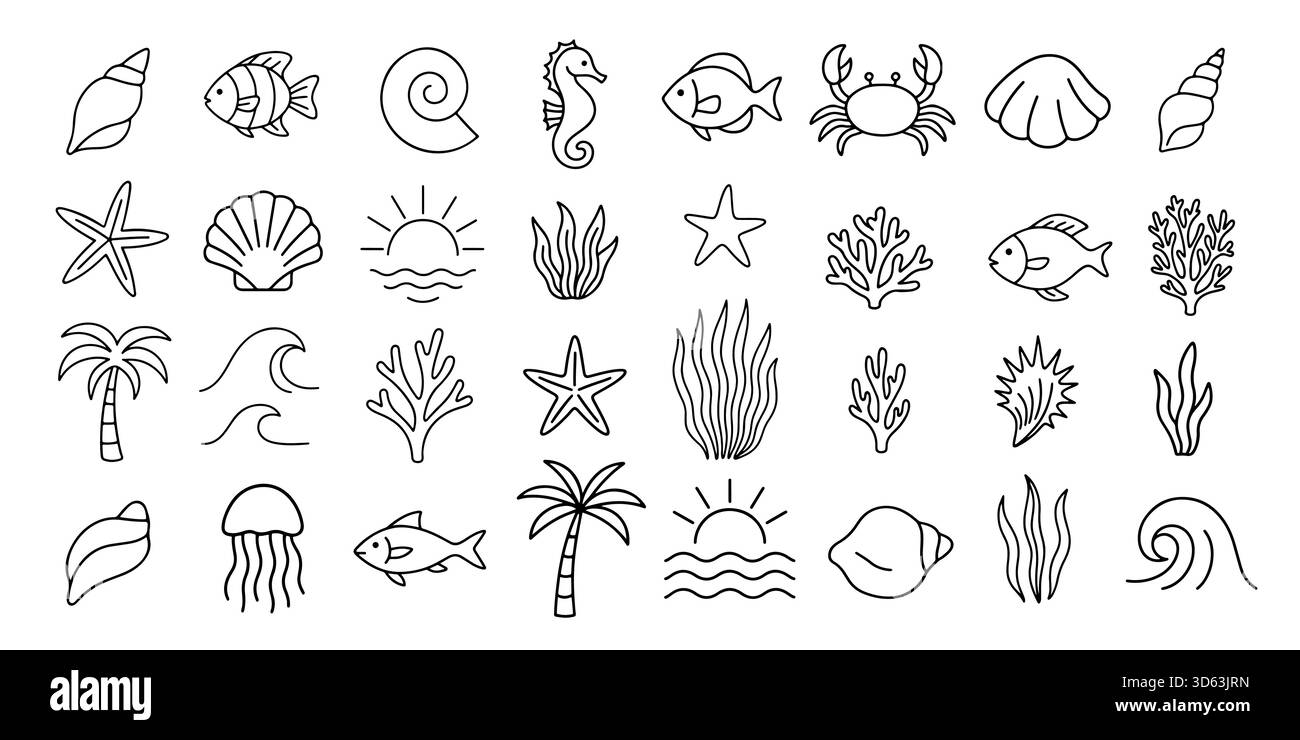 Hand-drawn sea life doodle set with shells, fish, palm trees, waves ...