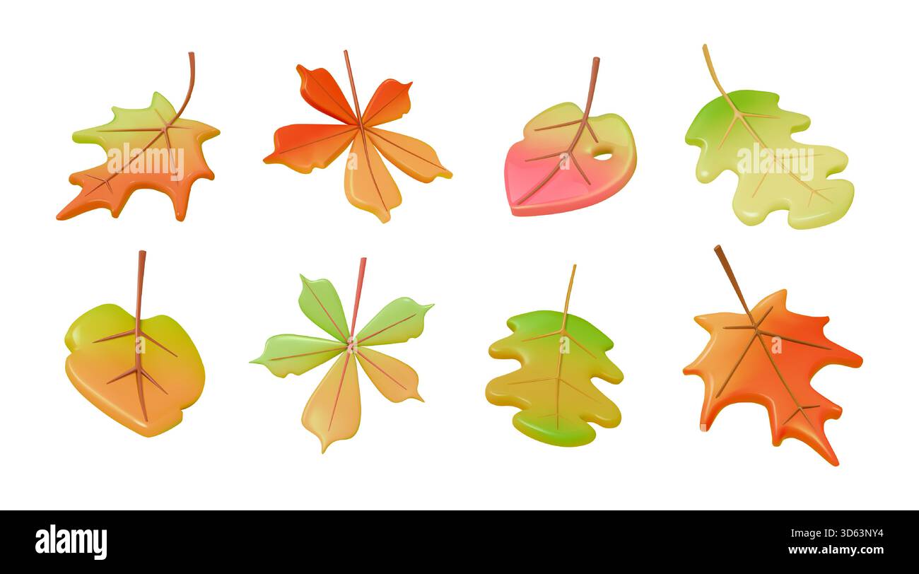 3d autumn leaves. Fallen maple leaf, yellow oak and green forest ...