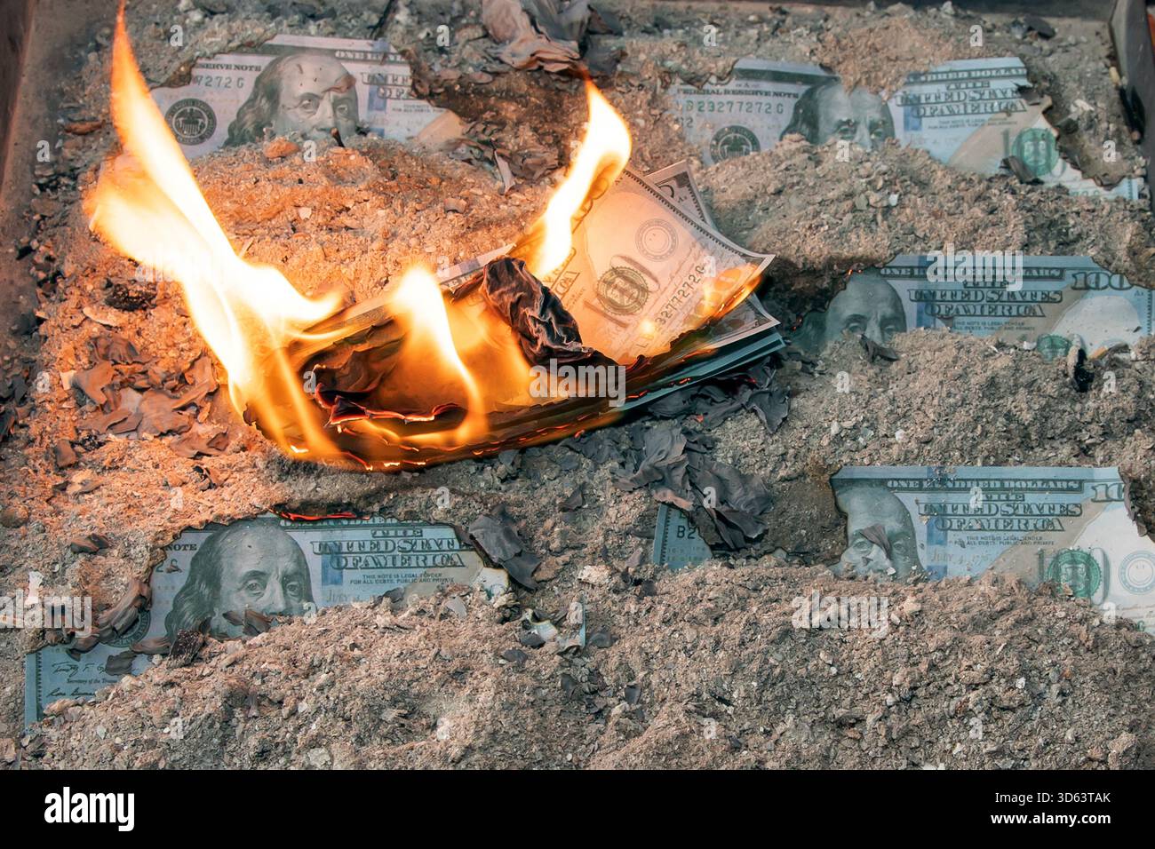 Burning money in ashes symbolizing financial loss risk and destructive ...