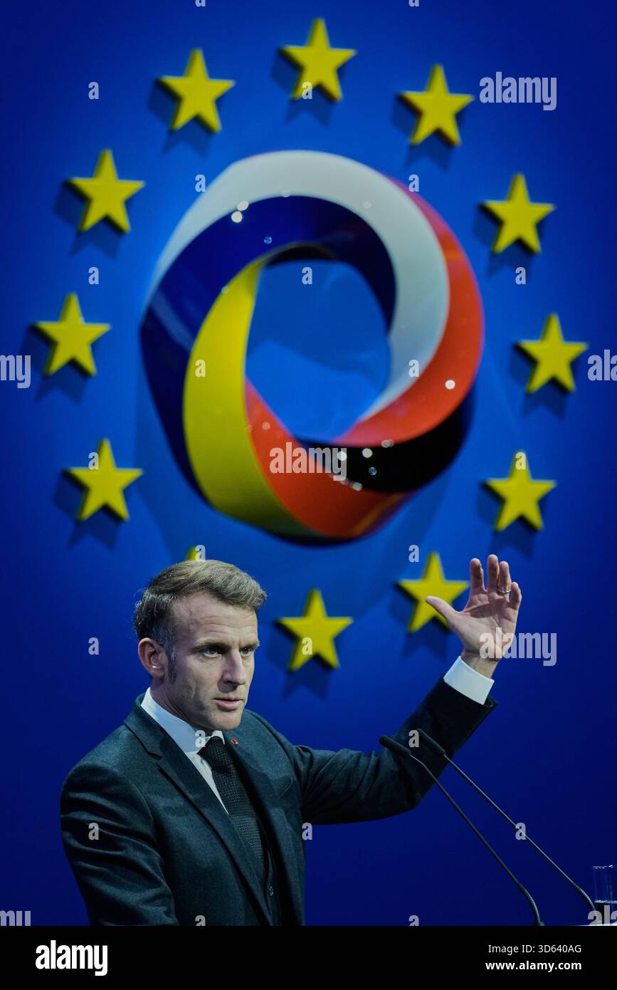 French President Emmanuel Macron delivers his speech on a Summit on ...