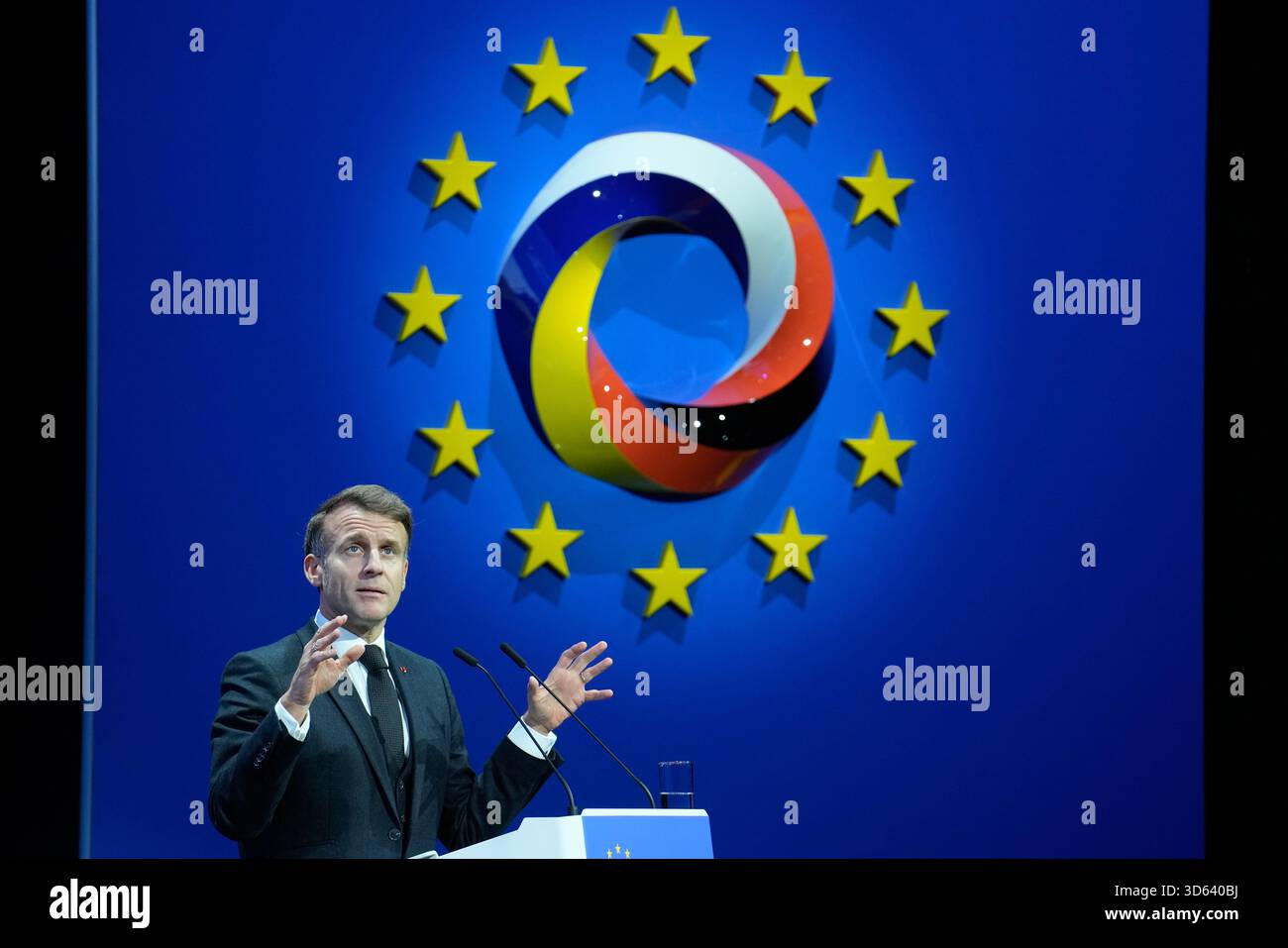 French President Emmanuel Macron delivers his speech on a Summit on ...
