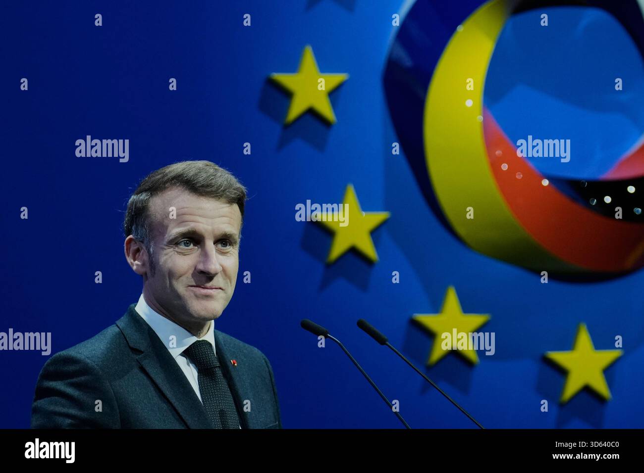 French President Emmanuel Macron delivers his speech on a Summit on ...