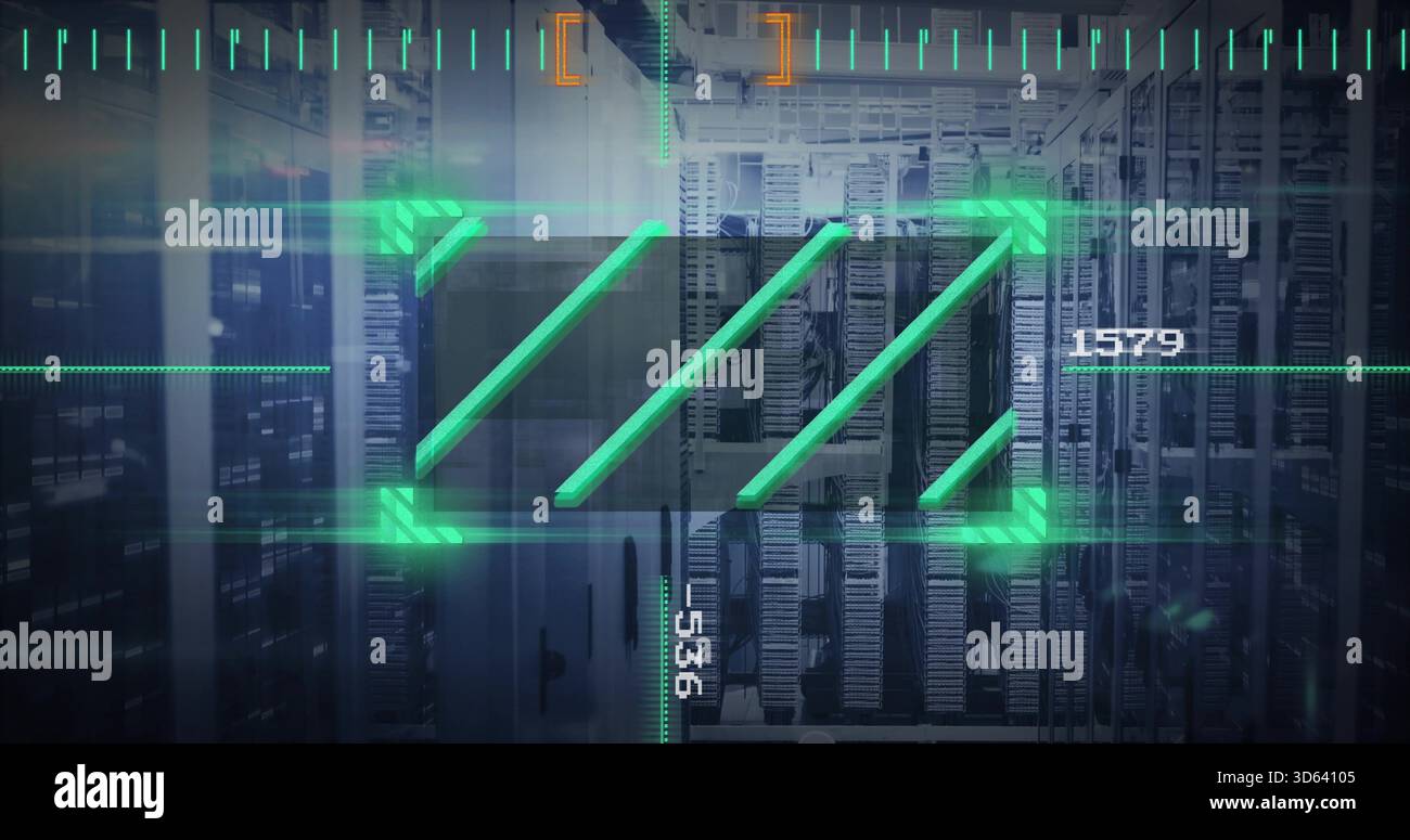 Projecting green HUD overlay over server racks inside data center ...