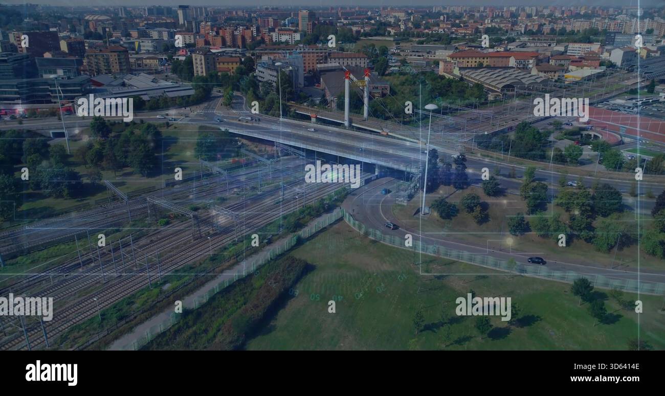 Showing highway overpass carrying multilane traffic above rail junction ...