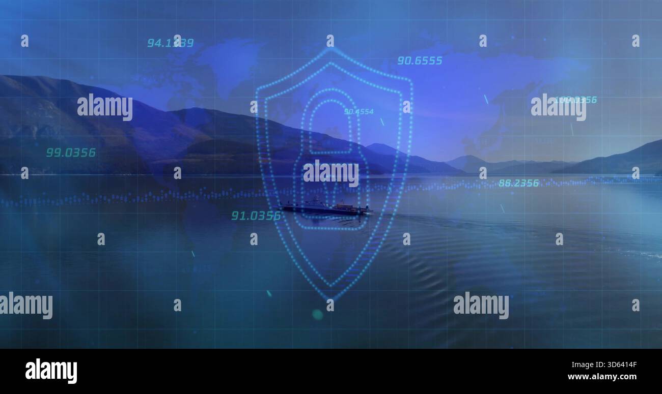 Floating holographic shield with padlock over mountain lake at morning ...