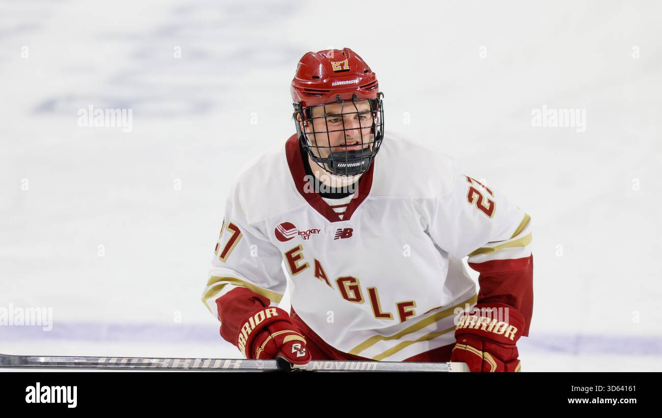 Boston College defenseman Nolan Joyce (27) reacts during the second period of an NCAA hockey ...
