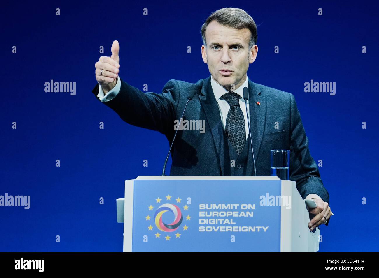 French President Emmanuel Macron delivers his speech on a Summit on ...
