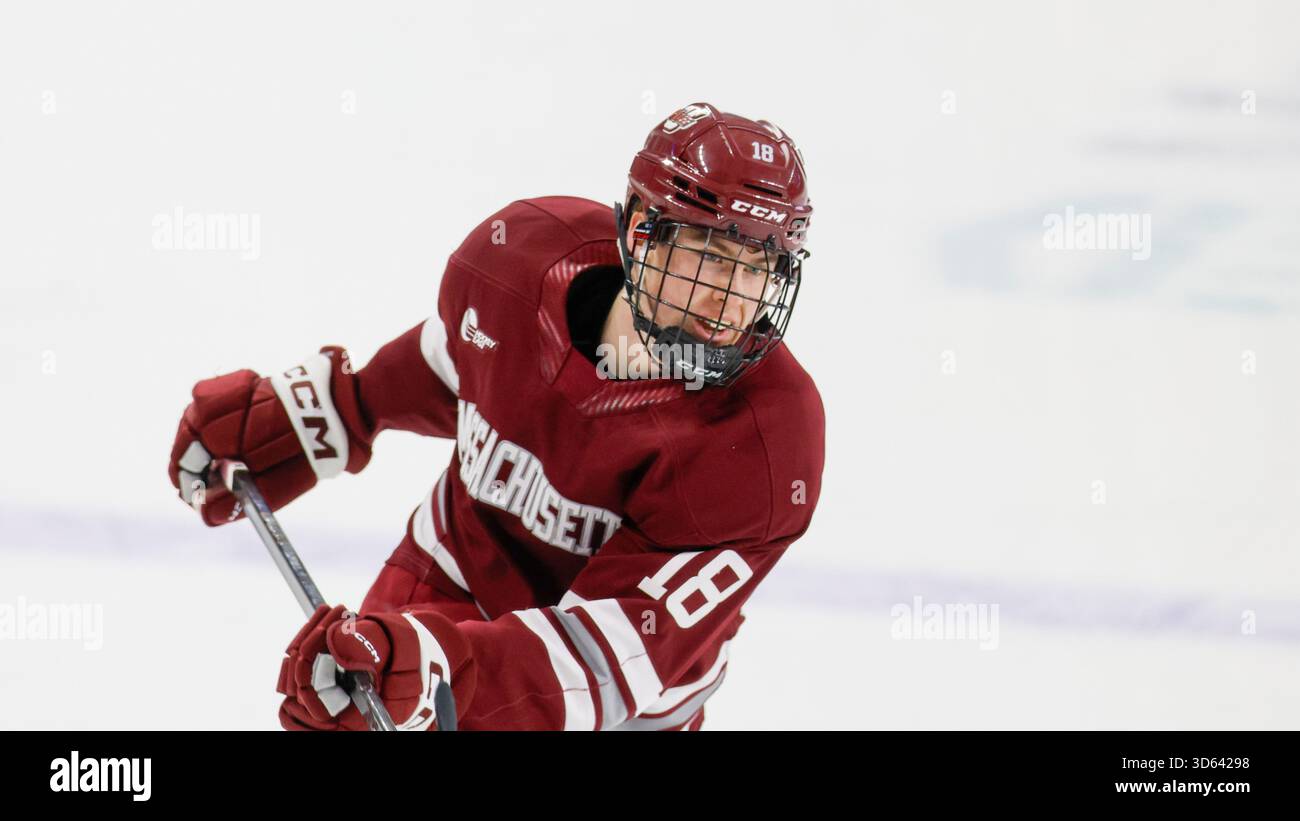 Massachusetts defenseman Larry Keenan (18) shoots during the first ...