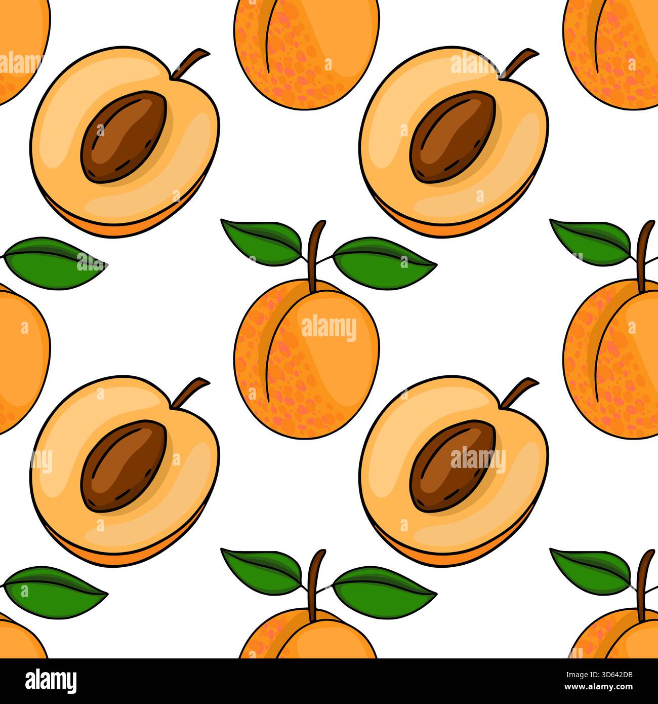 Seamless vector pattern featuring halved and whole apricots with green ...