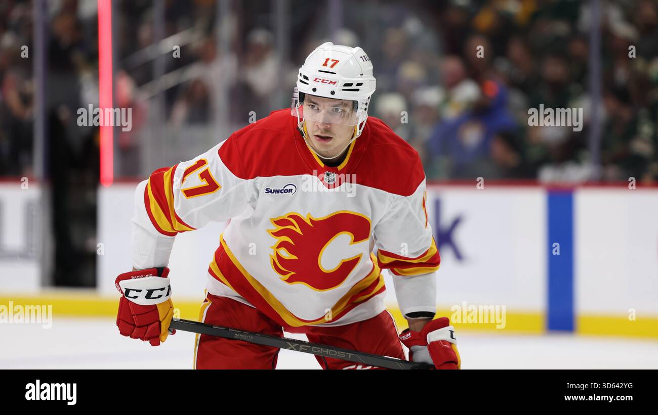 Calgary Flames center Yegor Sharangovich readies for a faceoff during ...