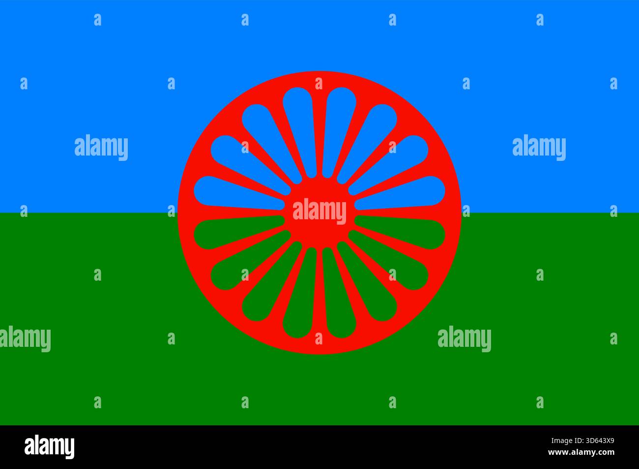 Flag of the Romani People – Blue and Green Field with Red Spoked Wheel ...