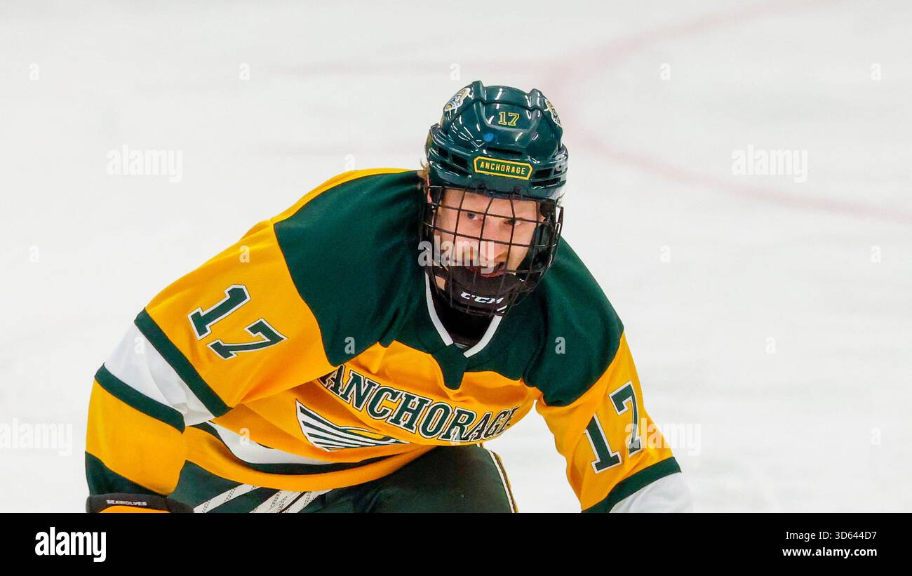 Alaska forward Bryce Monrean (17) skates during the first period of an ...