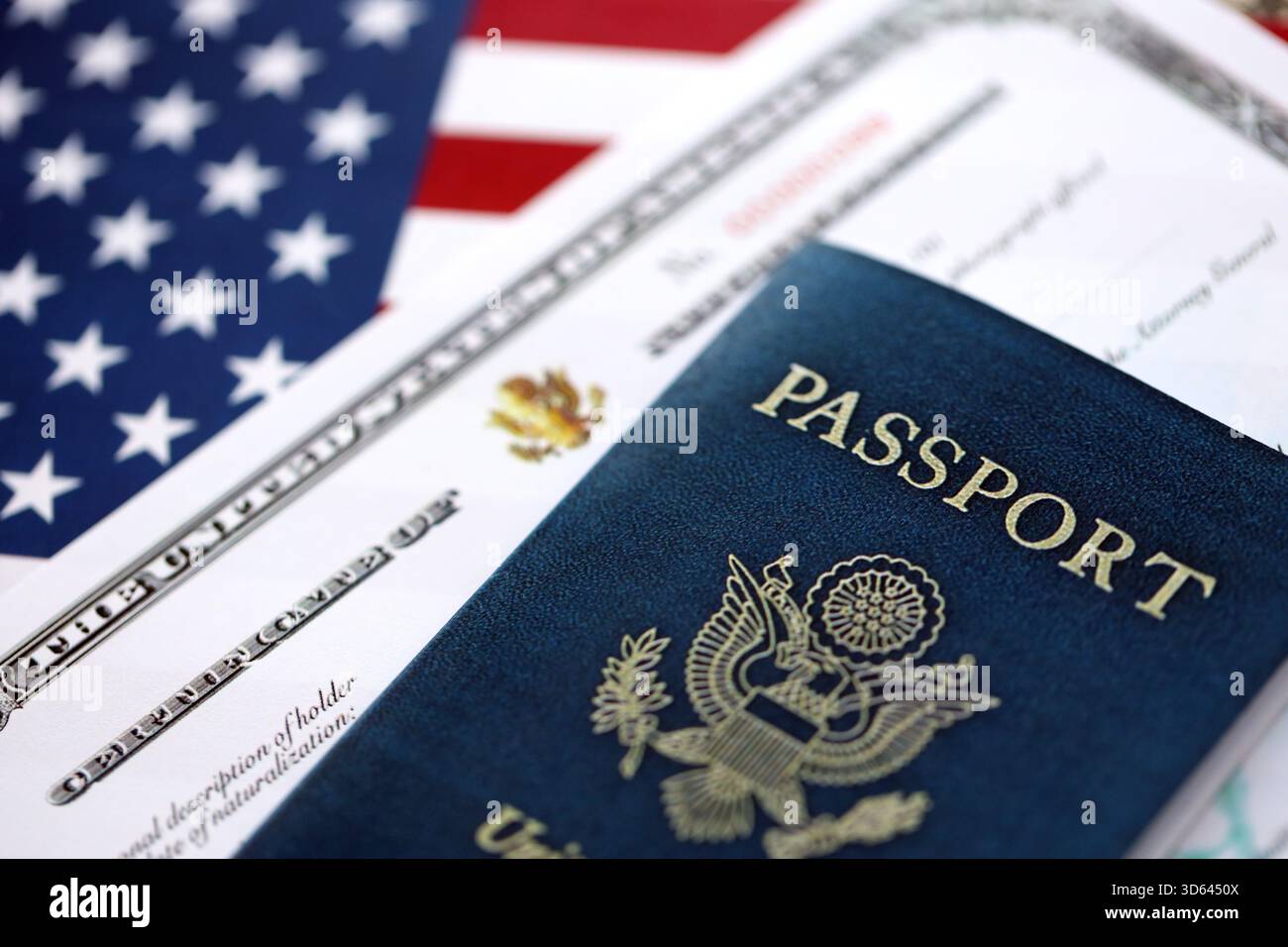 US Certificate of Naturalization with US flag and Passport close up ...