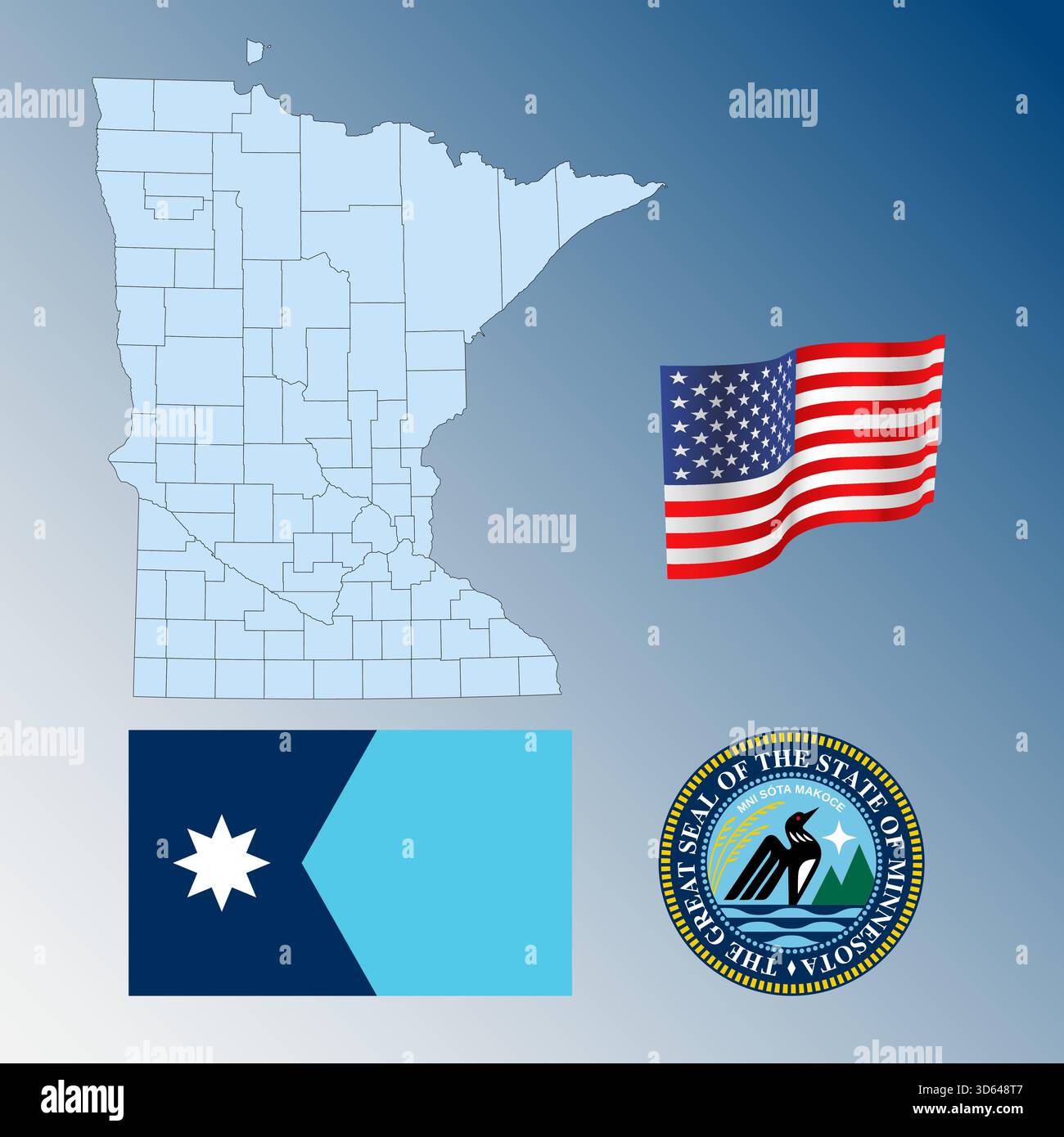 Minnesota US federal state waving flag, seal and map, United States ...