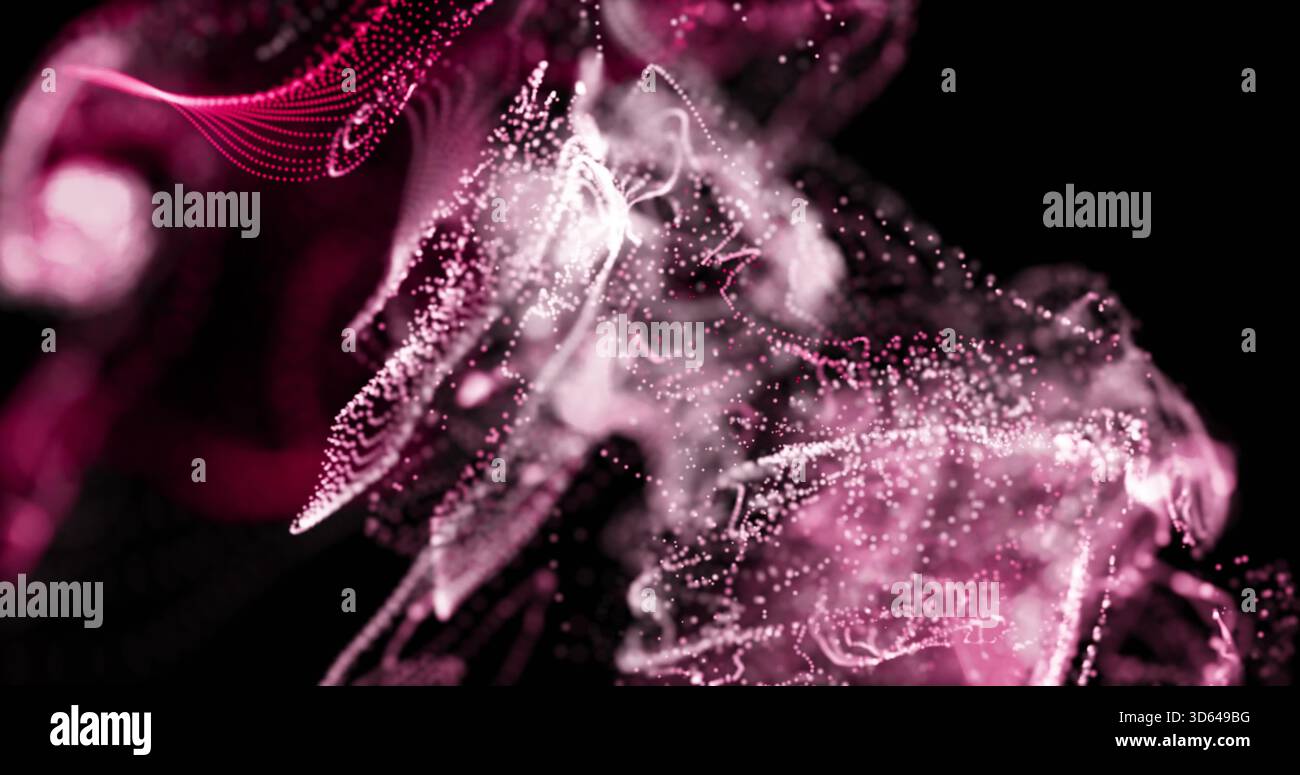 Swirling cloud of pink and white particles forming ribbon-like plumes ...