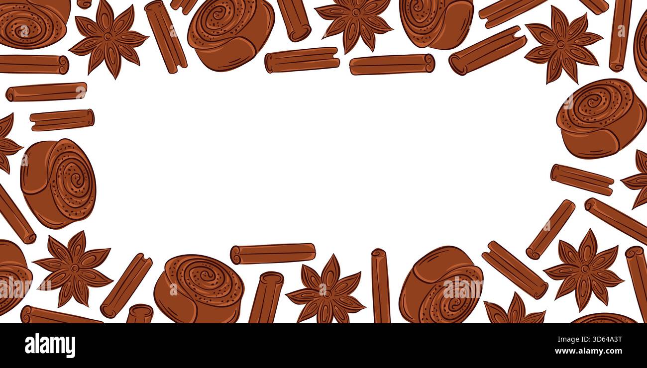 Decorative border of cinnamon roll, cinnamon stick and star anise in ...