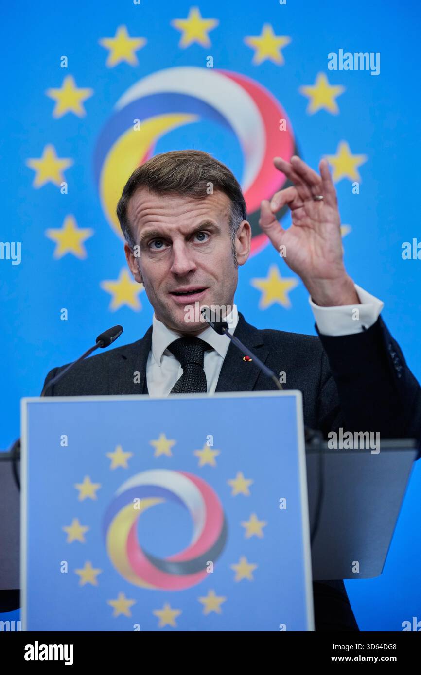 French President Emmanuel Macron attends a news conference during the ...