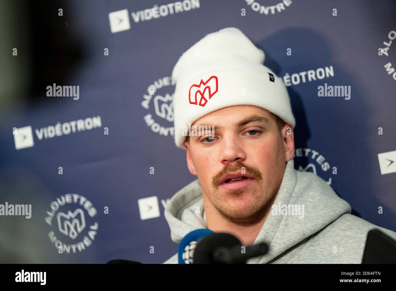 Montreal Alouettes quarterback Davis Alexander speaks to reporters ...