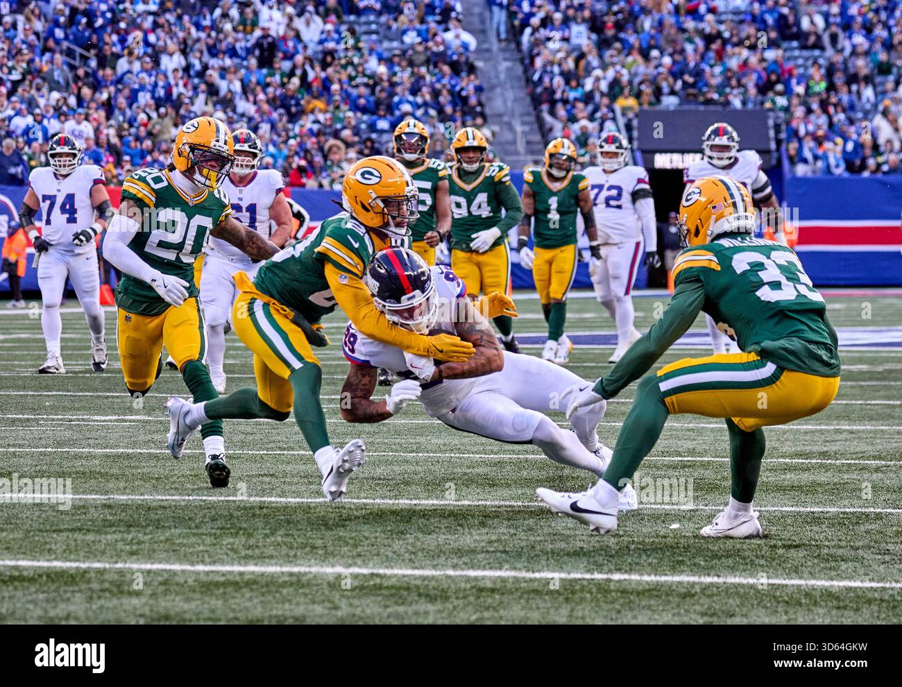 New York Giants wide receiver Lil'Jordan Humphrey (89) is tackled by ...