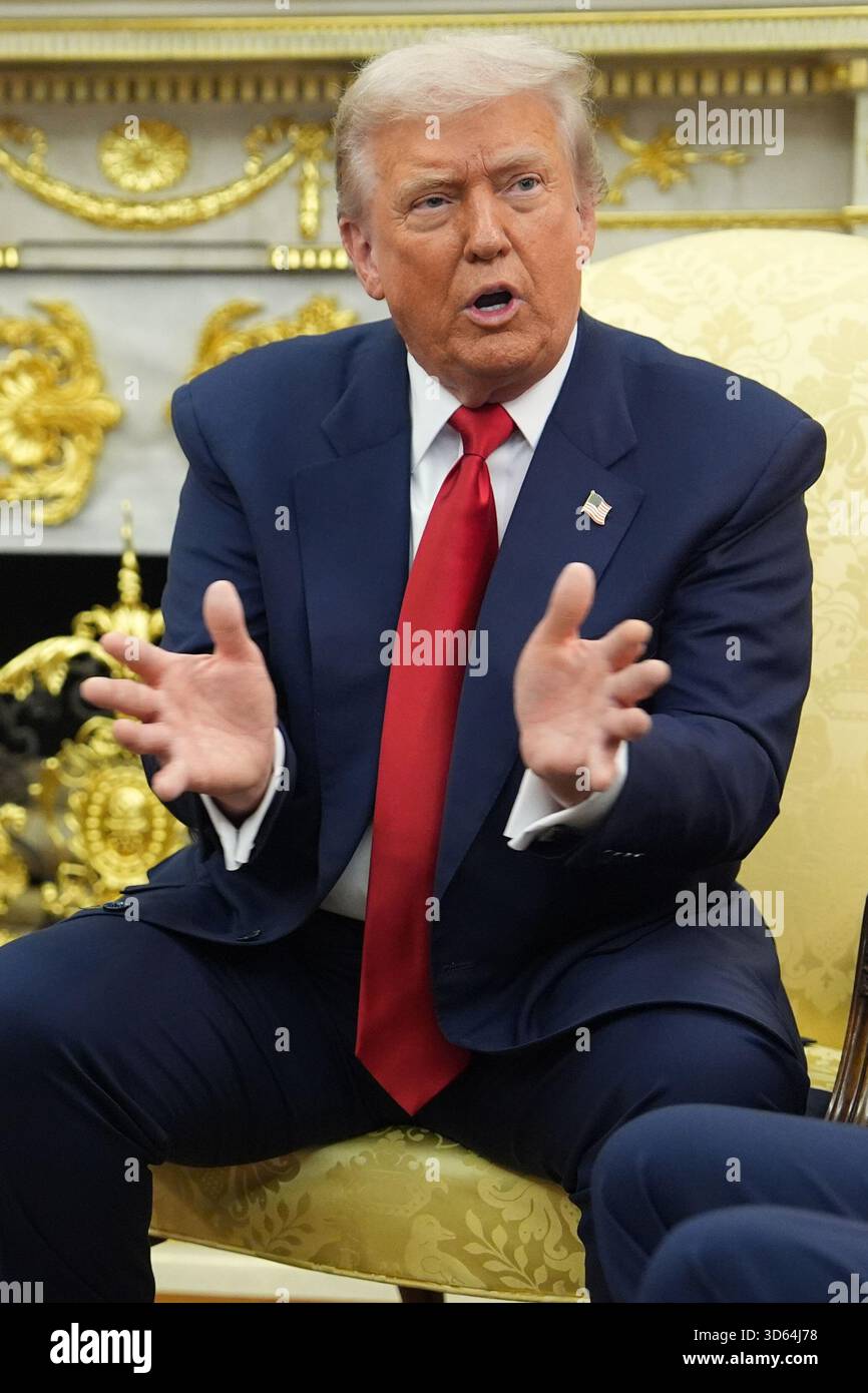 President Donald Trump speaks as he meets Saudi Arabia's Crown Prince ...