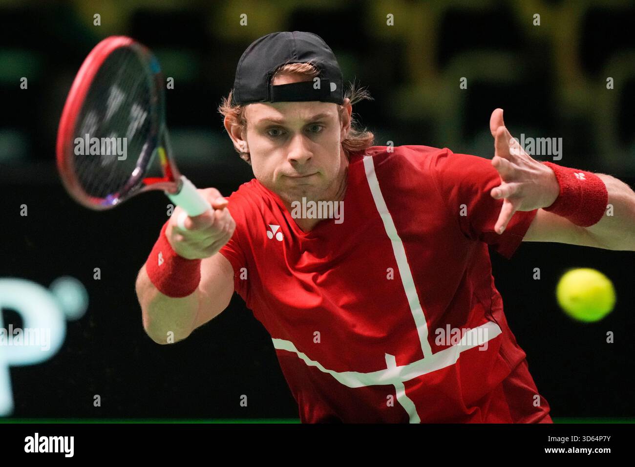Belgium's Zizou Bergs returns a ball to France's Arthur Rinderknech during a Davis Cup ...