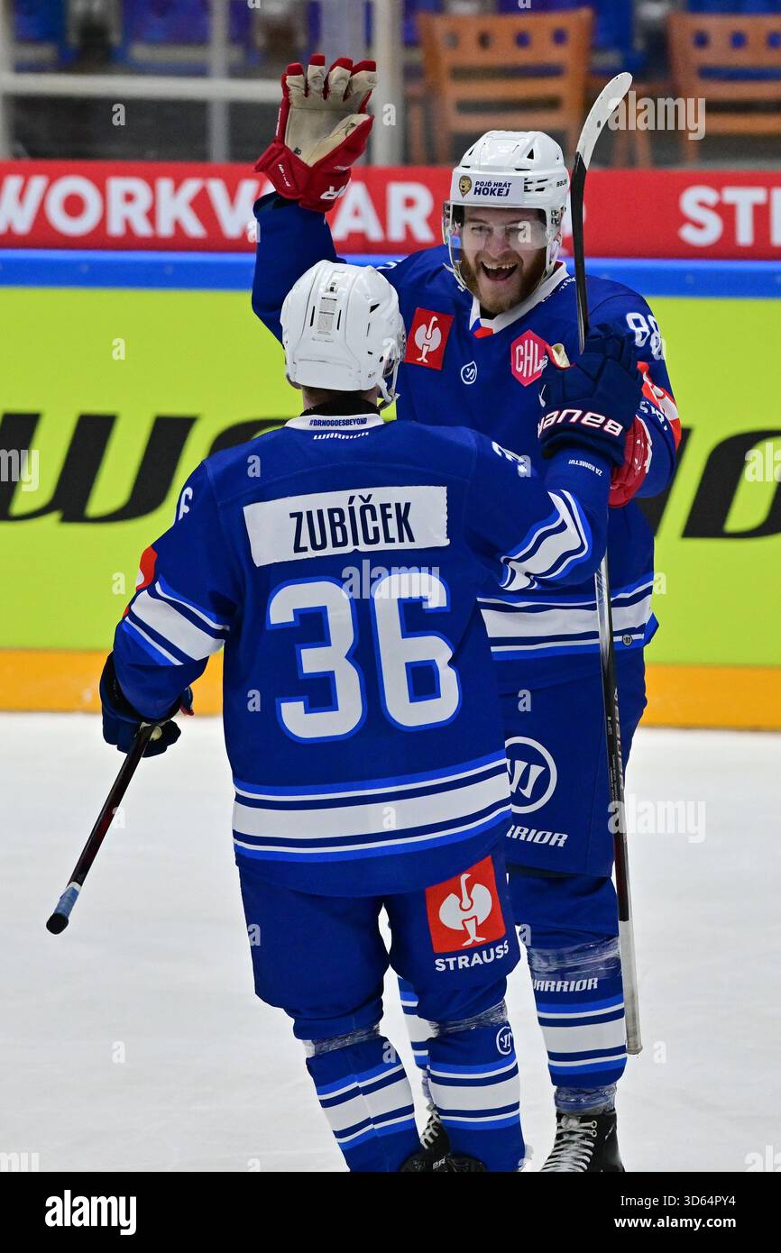 Michal Furch of Brno, right, celebrates a goal with his teammate Jakub ...