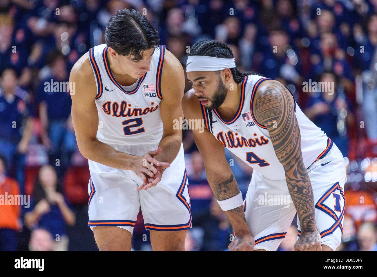 Illinois' Andrej Stojakovic (2) talks with Kylan Boswell (4) during an ...