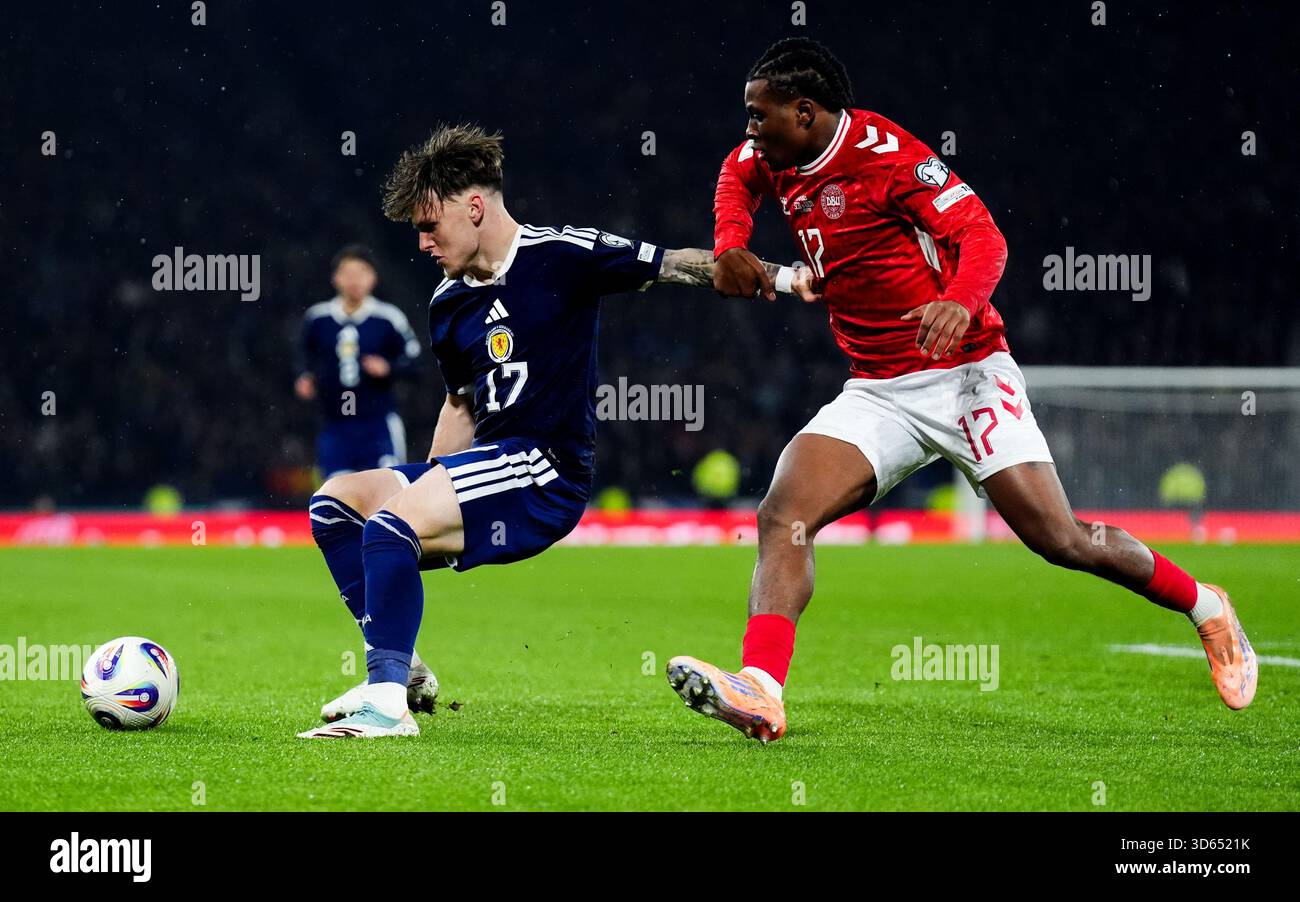 Denmark's Patrick Dorgu and Scotland's Ben Gannon-Doak (left) battle ...