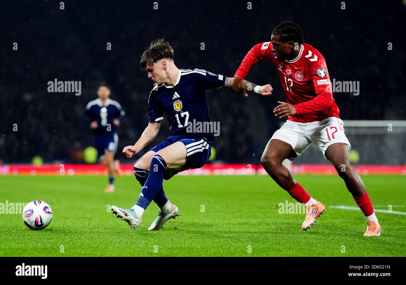 Denmark's Patrick Dorgu and Scotland's Ben Gannon-Doak (left) battle ...