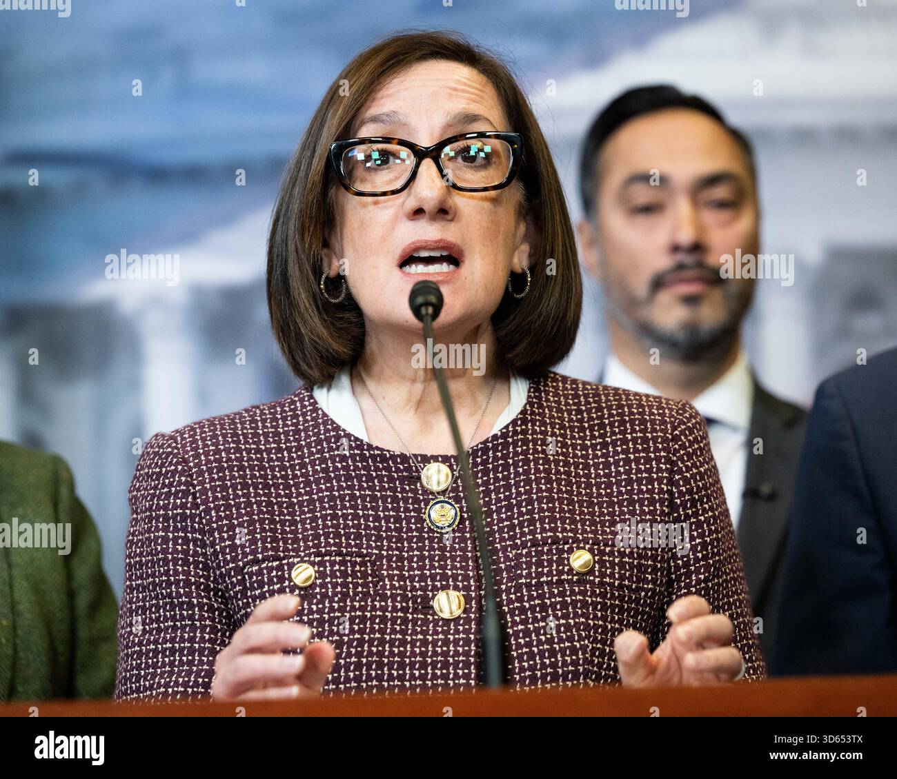 U.S. Representative Andrea Salinas (D-OR) speaking at a Congressional Hispanic Caucus (CHC ...