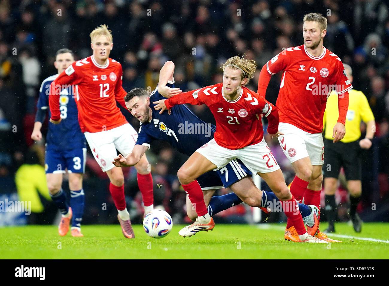 Denmark's Morten Hjulmand and Scotland's John McGinn (centre left ...