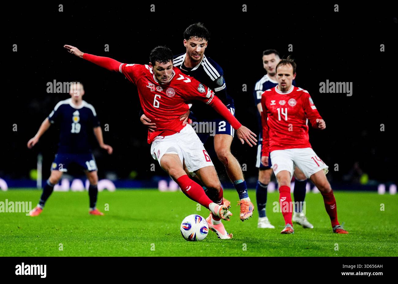 Denmark's Andreas Christensen and Scotland's Aaron Hickey battle for ...