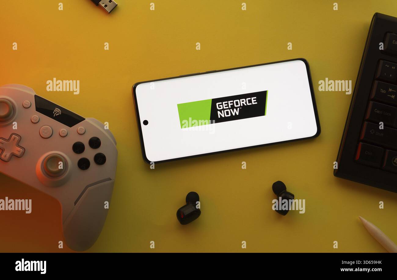 Dhaka, Bangladesh- 23 Mar 2025: Smartphone with Geforce Now logo, game ...