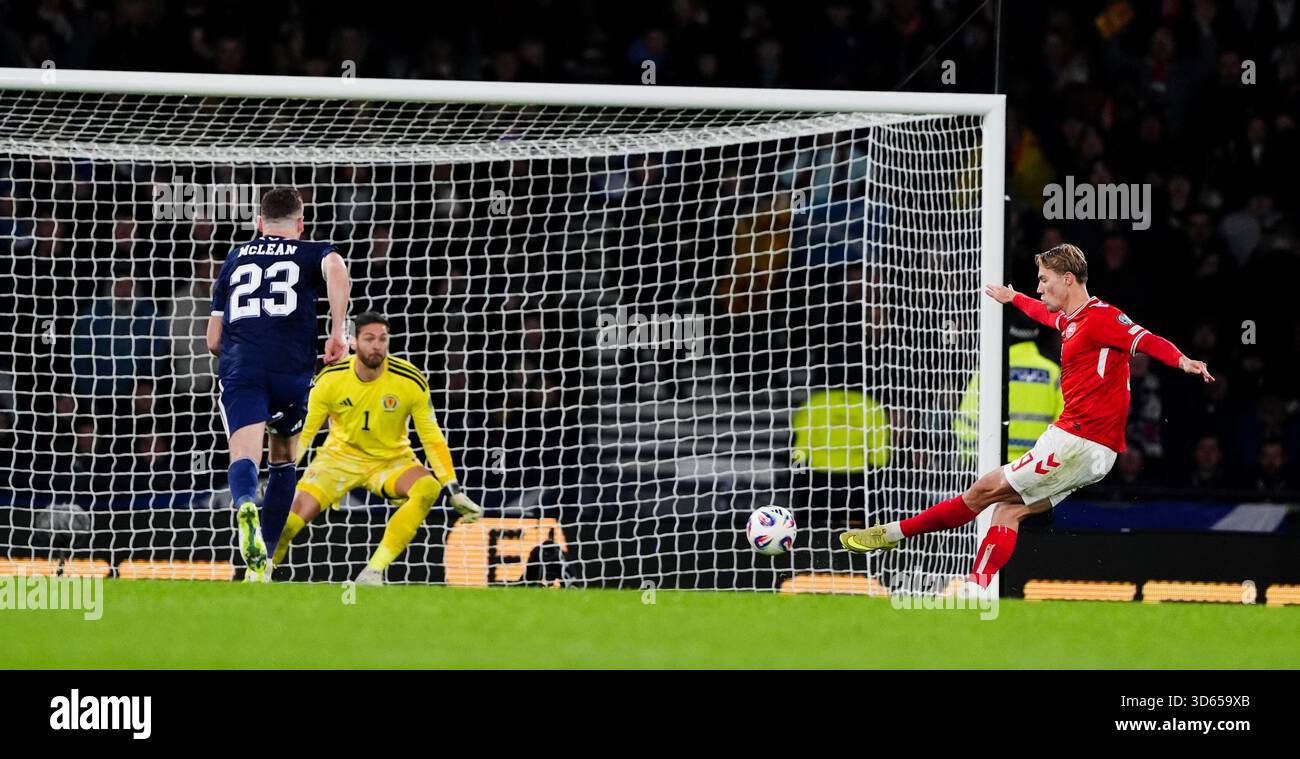 Denmark's Rasmus Hojlund scoring his sides first goal to level the ...