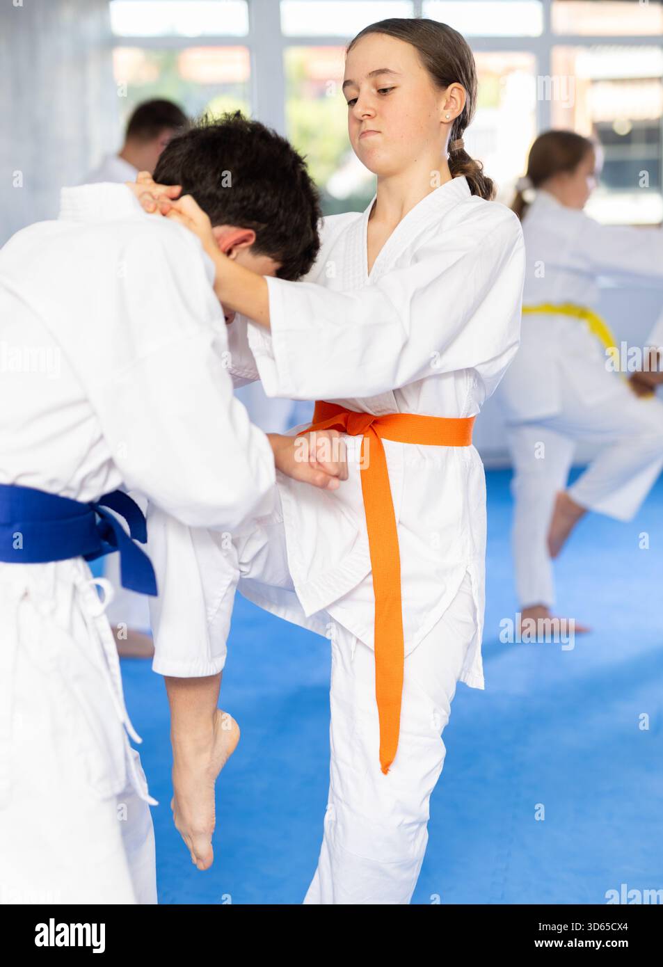 Karate training - girl and boy of different nationalities in pairs ...