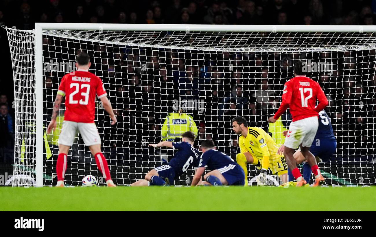Denmark's Patrick Dorgu scoring his sides second goal during the FIFA ...