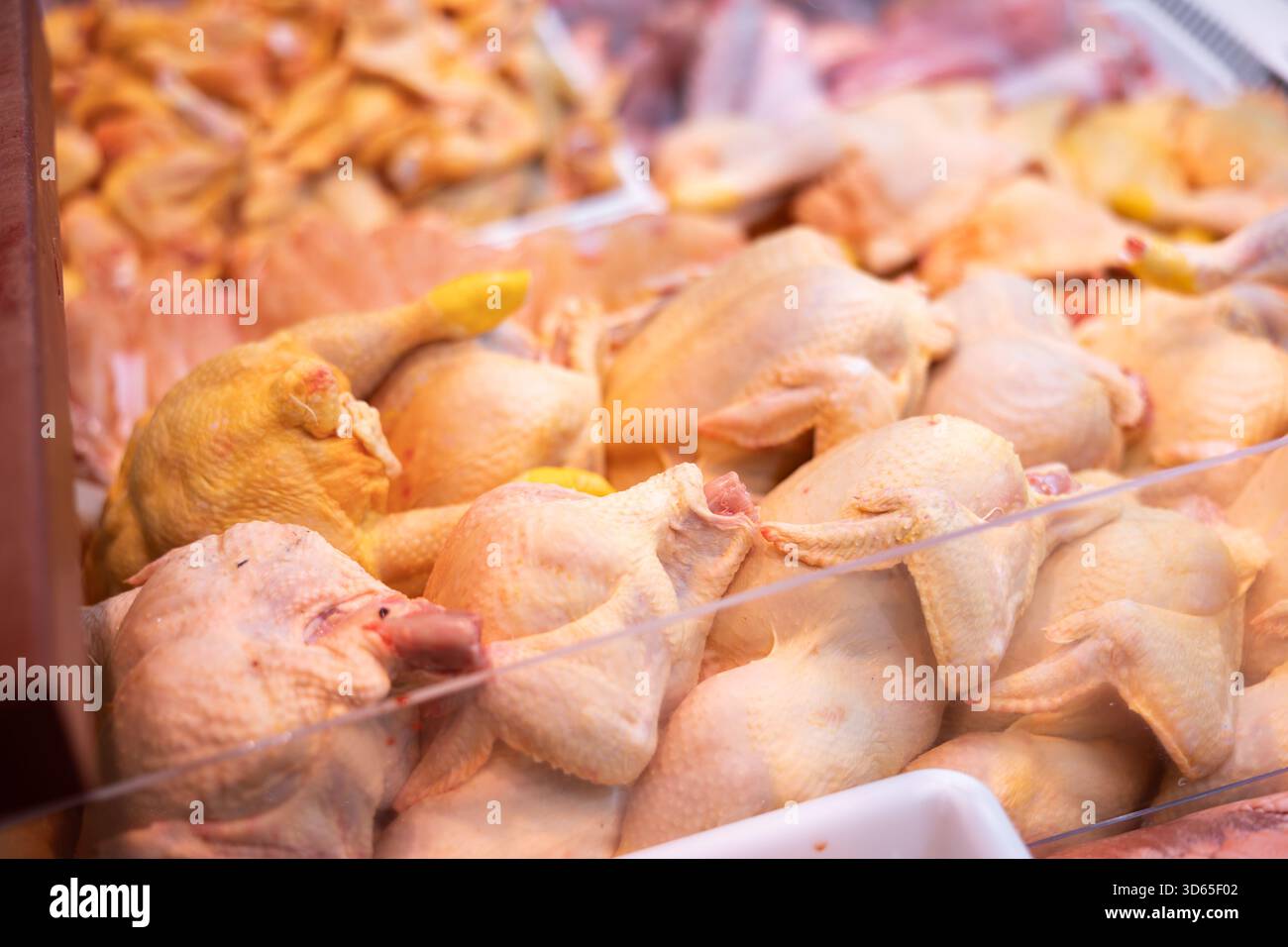 Refrigerated display case contains whole chilled chicken carcasses ...
