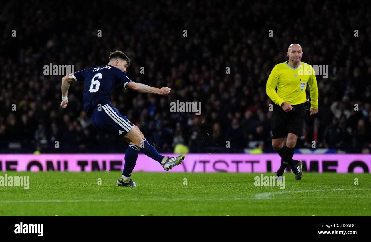Scotland's Kieran Tierney scoring his sides third goal during the FIFA ...