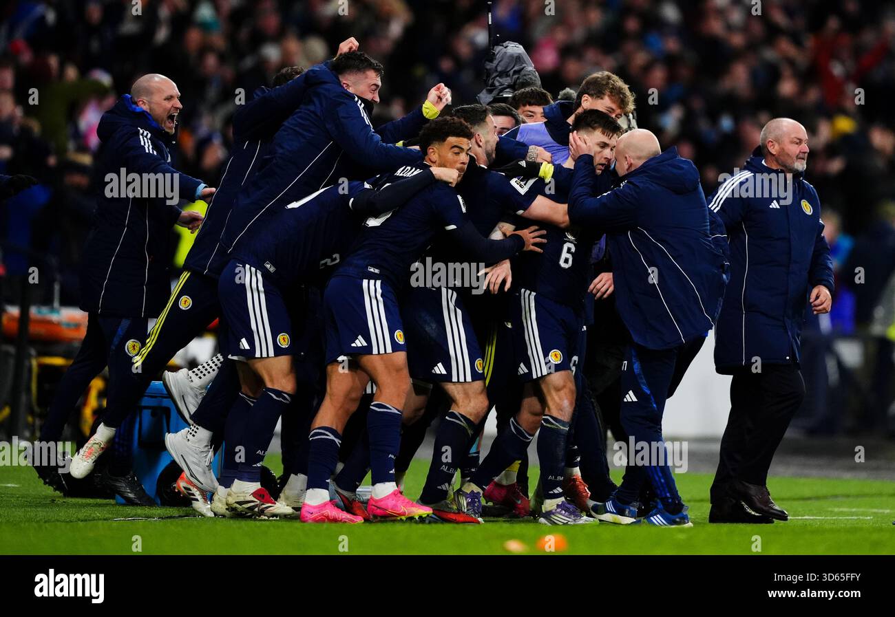 Scotland's Kieran Tierney celebrates scoring his sides third goal with ...