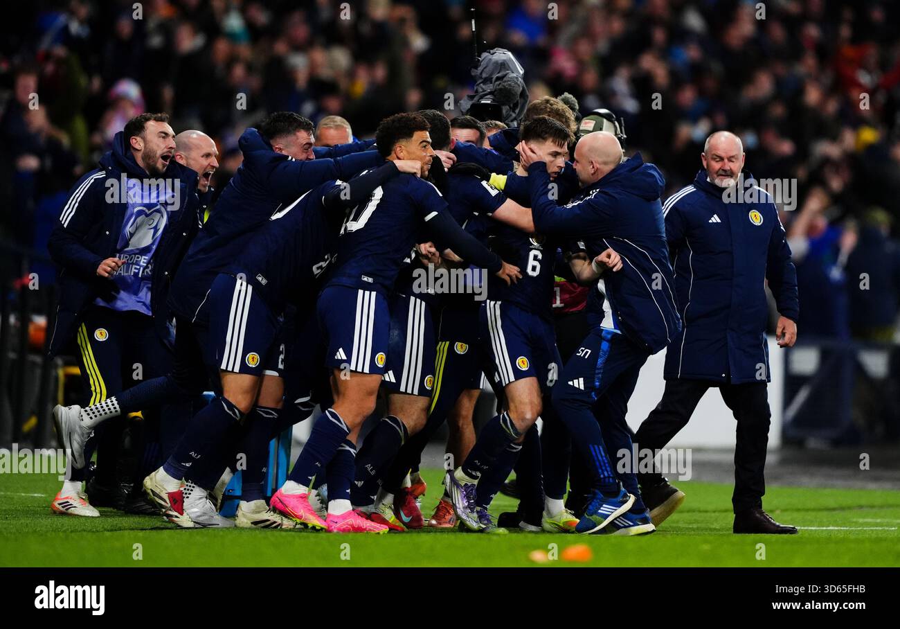 Scotland's Kieran Tierney celebrates scoring his sides third goal with ...