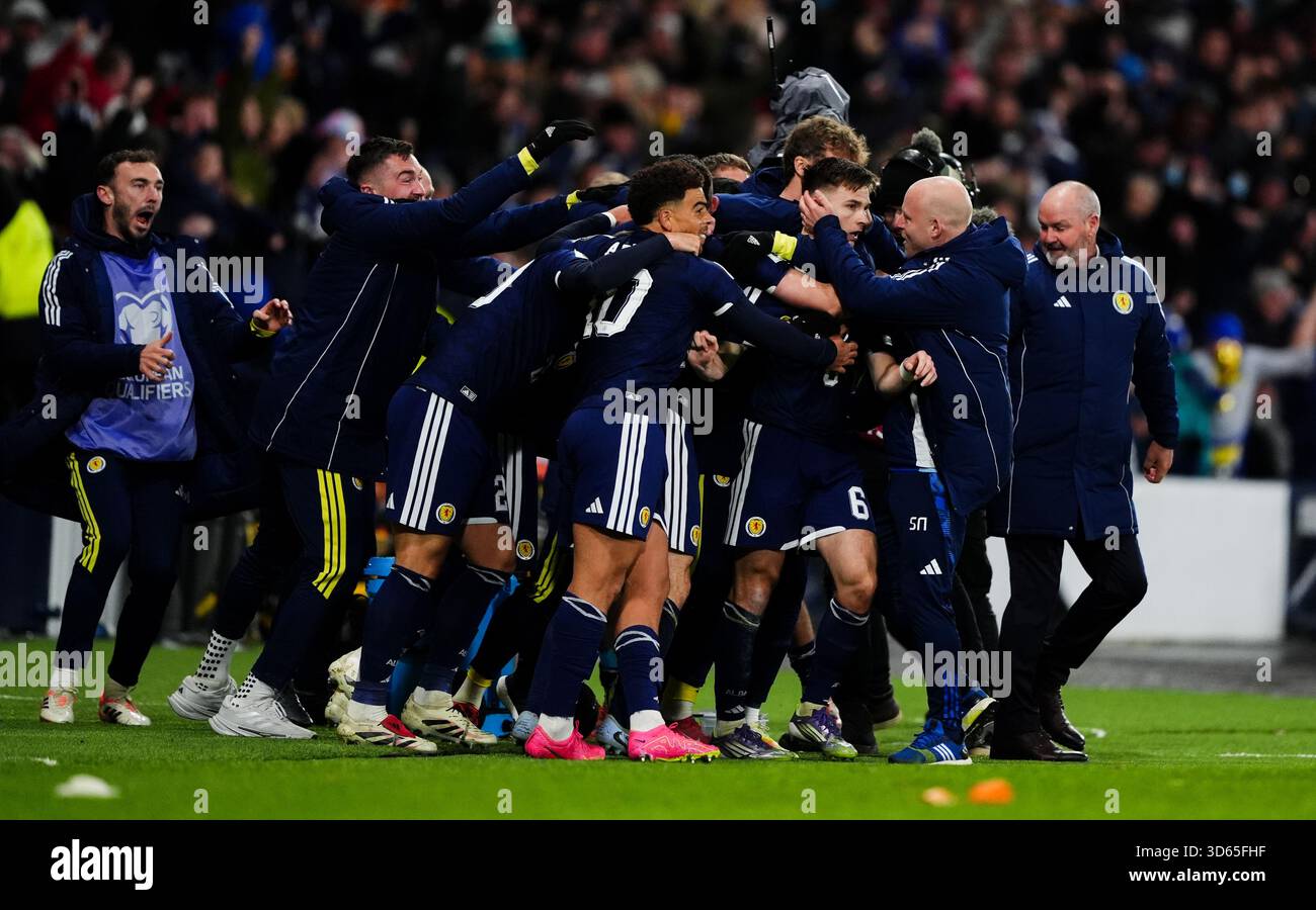 Scotland's Kieran Tierney celebrates scoring his sides third goal with ...