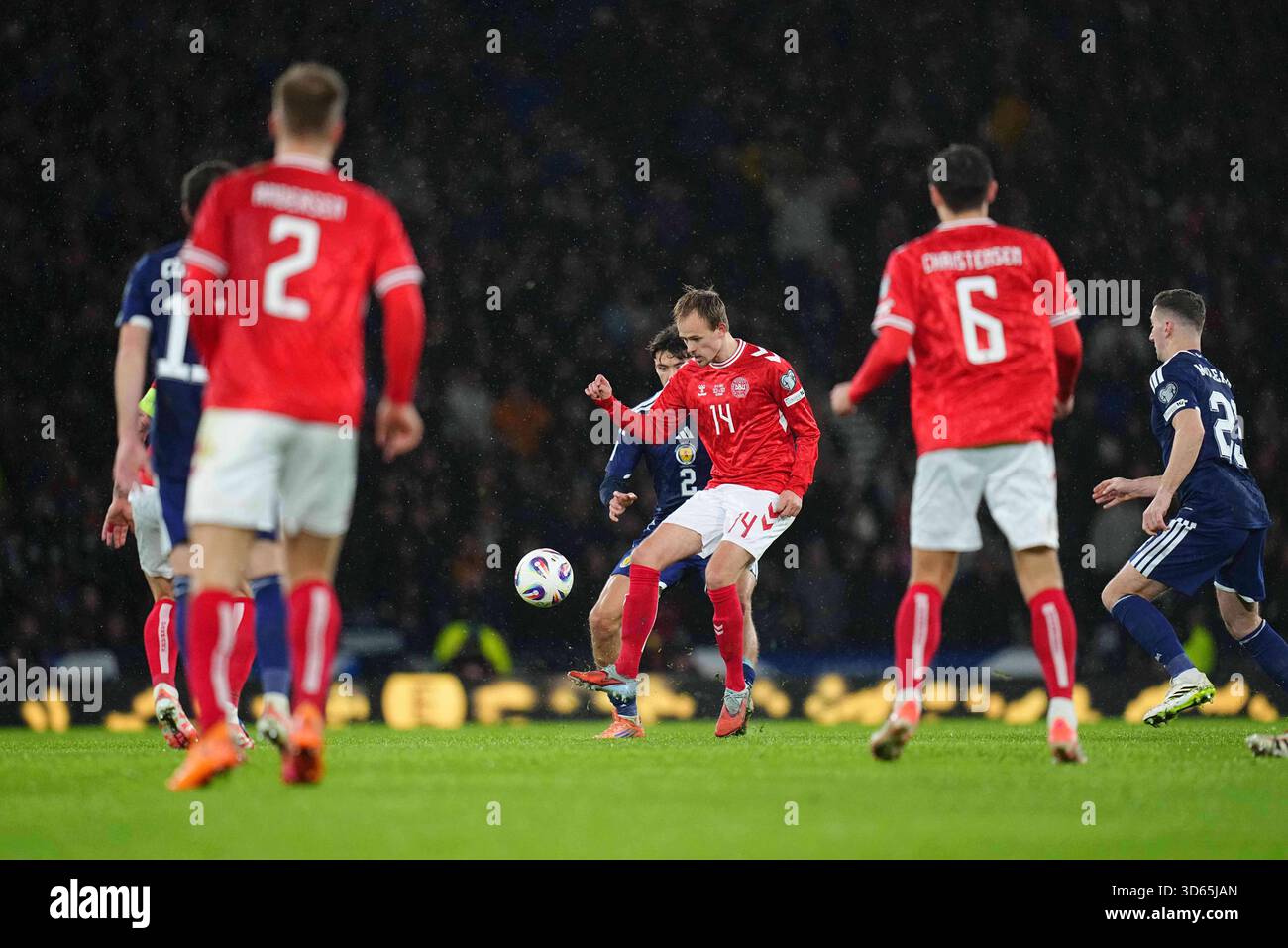 November 18 2025: Mikkel Damsgaard of Denmark controls the ball during ...