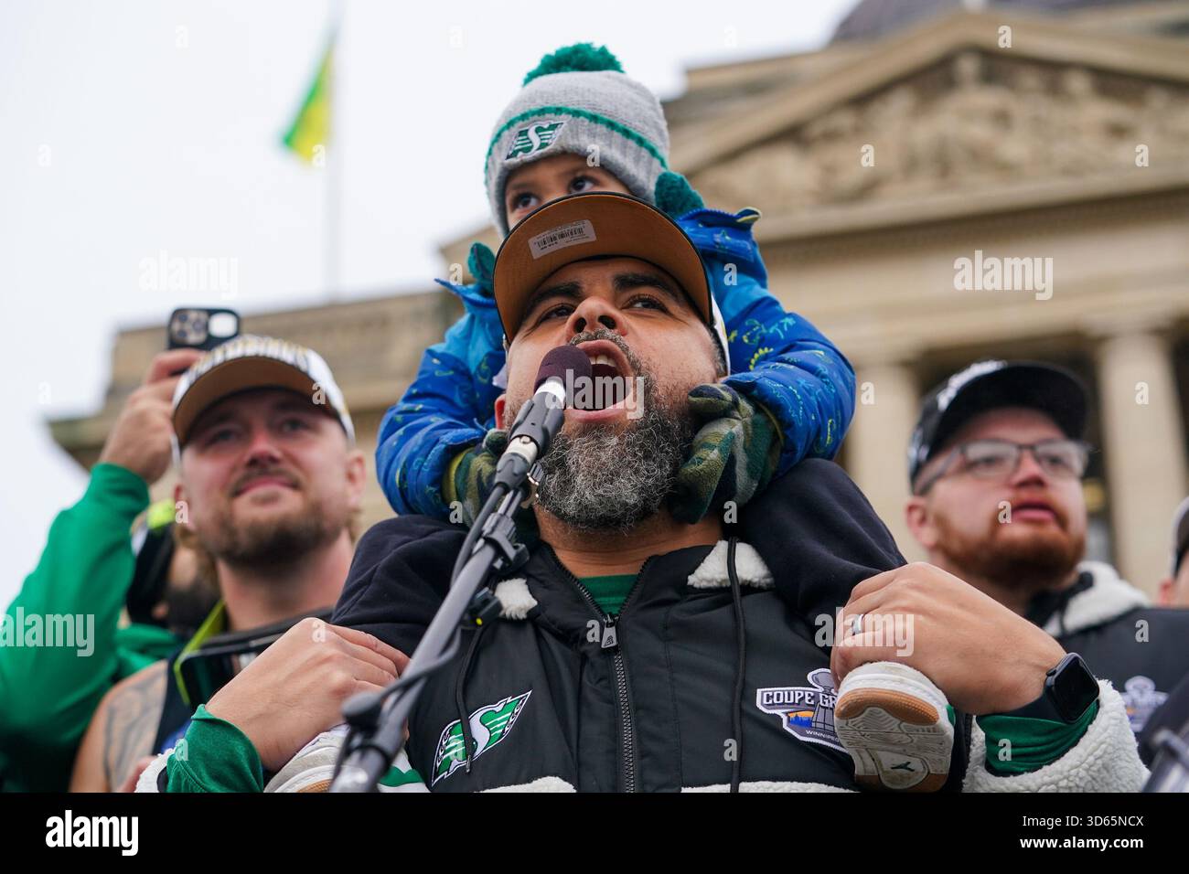 Saskatchewan Roughriders head coach Corey Mace speaks during a Grey Cup championship parade in ...